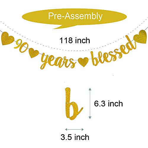 WEIANDBO 90 Years Blessed Gold Glitter Banner,Pre-Strung,90th Birthday / Wedding Anniversary Party Decorations Bunting Sign Backdrops,90 Years blessed