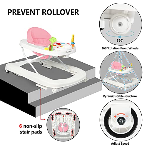 Kinder King 3 in 1 Folding Baby Walker, Activity Walker for Boys Girls, Learning-Seated, Toddler Walk-Behind w/Music Toys, Adjustable Height & Speed, Safety Bumper, Infant Walker Anti-Rollover, Pink