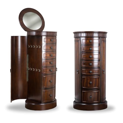 Hives and Honey Bailey Oval Standing Jewelry Armoire Cabinet, Jewelry Storage Organizer with Mirror Lid, Side Doors, 7 Drawers, Jewelry Chest, Jewelry Box for Necklaces, Earrings, Bracelets, Walnut