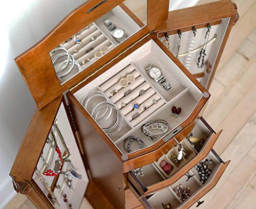 Hives and Honey Annette Standing Jewelry Armoire, Locking Jewelry Cabinet, 7 Drawers, Necklace Hooks, Mirror, Secure Storage, Dual-Sided Doors, Handcrafted Antique Finish, Elegant Organizer, Walnut