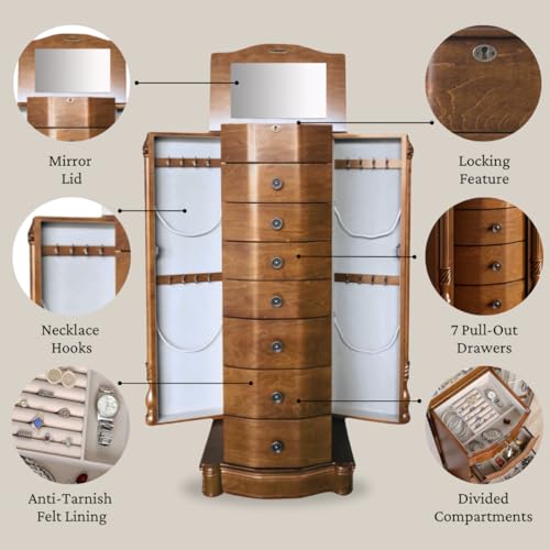 Hives and Honey Annette Standing Jewelry Armoire, Locking Jewelry Cabinet, 7 Drawers, Necklace Hooks, Mirror, Secure Storage, Dual-Sided Doors, Handcrafted Antique Finish, Elegant Organizer, Walnut