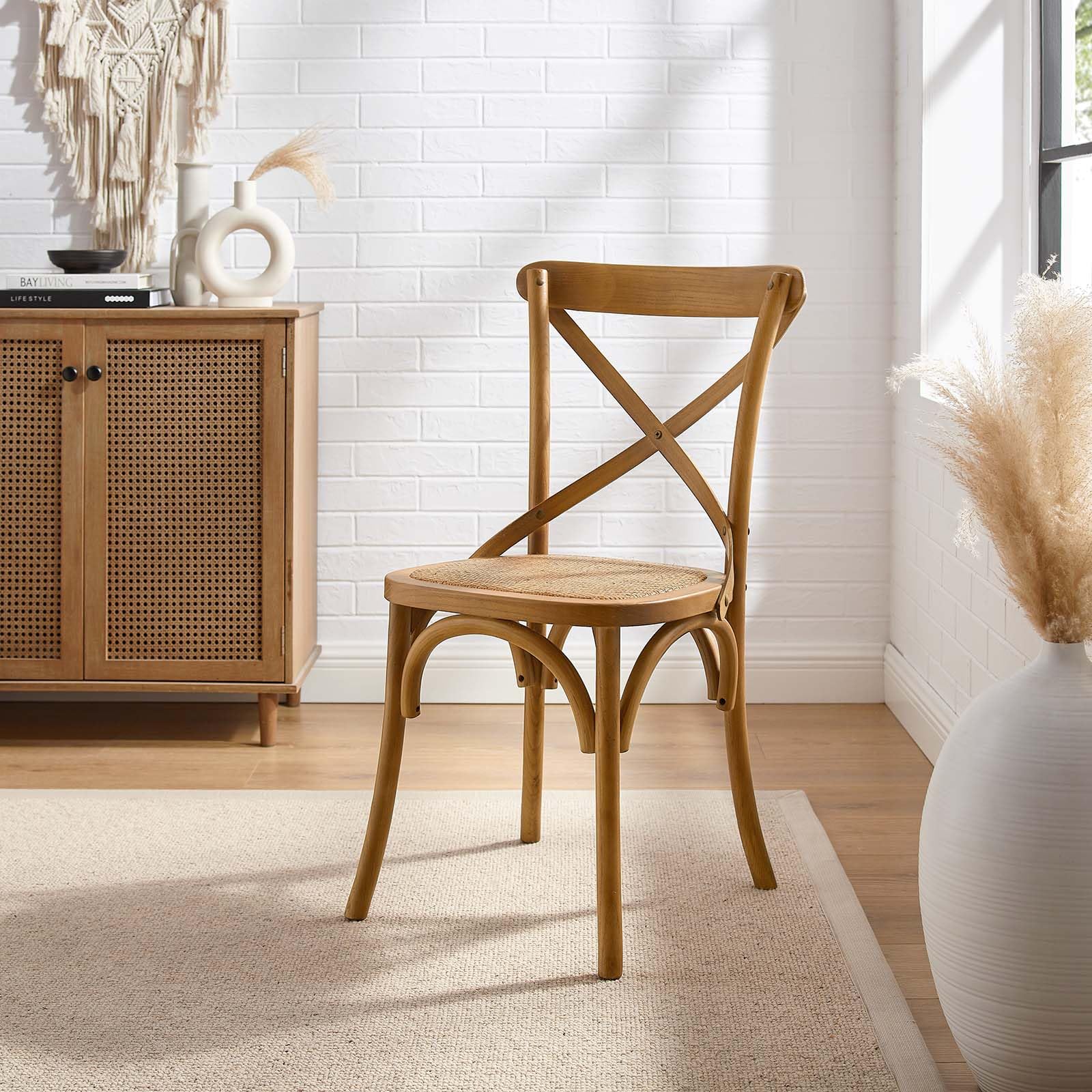 Modway Gear Rustic Modern Farmhouse Elm Wood Rattan Dining Chair in Walnut