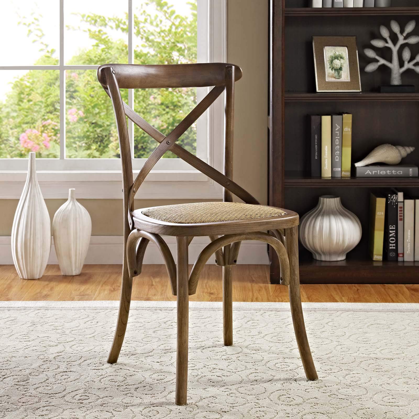 Modway Gear Rustic Modern Farmhouse Elm Wood Rattan Dining Chair in Walnut