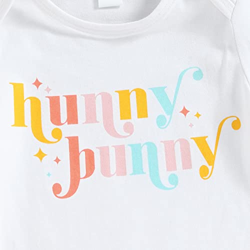 FIOMVA 3Pcs Easter Outfit Baby Girl Short Sleeve Hunny Bunny Romper Bodysuit Rabbit Shorts Headband My 1st Easter Clothes with tail