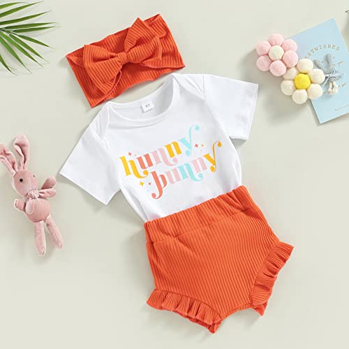 FIOMVA 3Pcs Easter Outfit Baby Girl Short Sleeve Hunny Bunny Romper Bodysuit Rabbit Shorts Headband My 1st Easter Clothes with tail