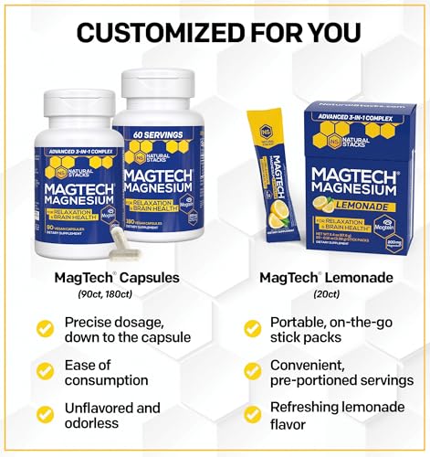 MagTech Magnesium Supplement - 3 Forms of Magnesium: Magtein L-Threonate, Glycinate & Taurate - 200mg Chelated Magnesium Complex - Supports Relaxation & Brain Health - 90 Capsules
