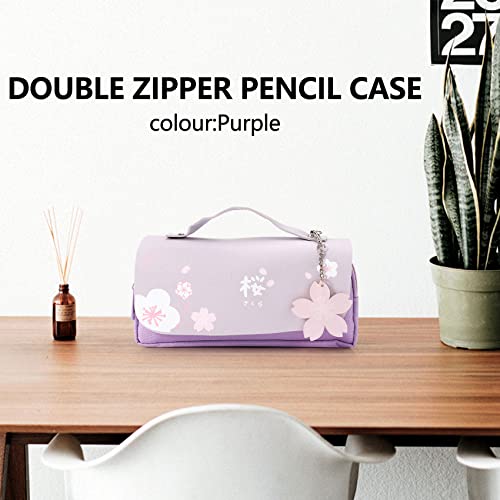Pteanecay Girls Pencil Case Bag,Kids Makeup Purse Bag Portable Large Capacity with Double Zippers Multifunction Pen Bag(Purple)