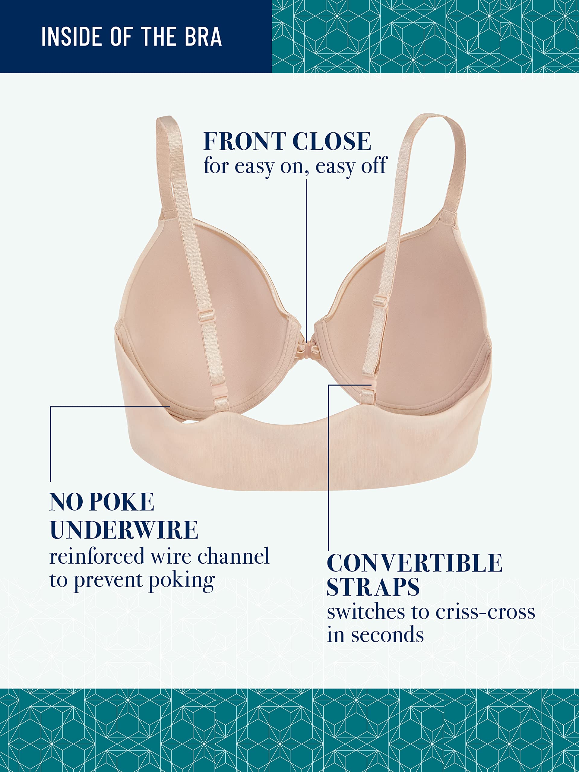 Vanity Fair Women's Illumination Front Closure Bra, 3-Way Convertible Staps, Lightly Lined Cups up to DD, Beige, 36C