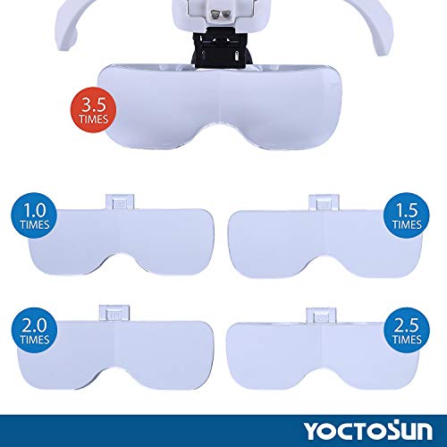 YOCTOSUN LED Head Magnifier, Rechargeable Hands Free Headband Magnifying Glasses with 2 Led, Professional Jeweler's Loupe Light Bracket and Headband are Interchangeable