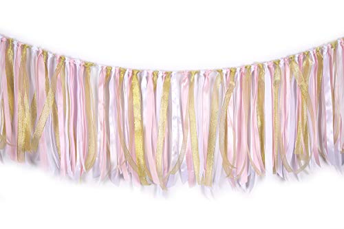 Fabric Lace Tassel Garland ribbon garlands Garland already assembled ribbon Wall Hanging Decor Nursery Photo Props For Wedding Event Birthday Anniversary Baby shower Party Supplies Pink & White & Gold