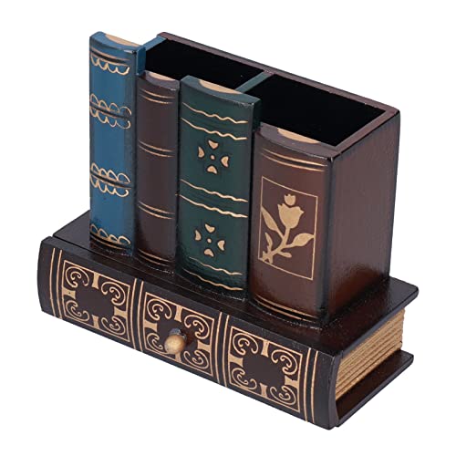 Vintage Pen Pencil Holder Cup, Decorative Library Books Design Wooden Office Supply Caddy Pencil Holder Organizer with Bottom Drawer