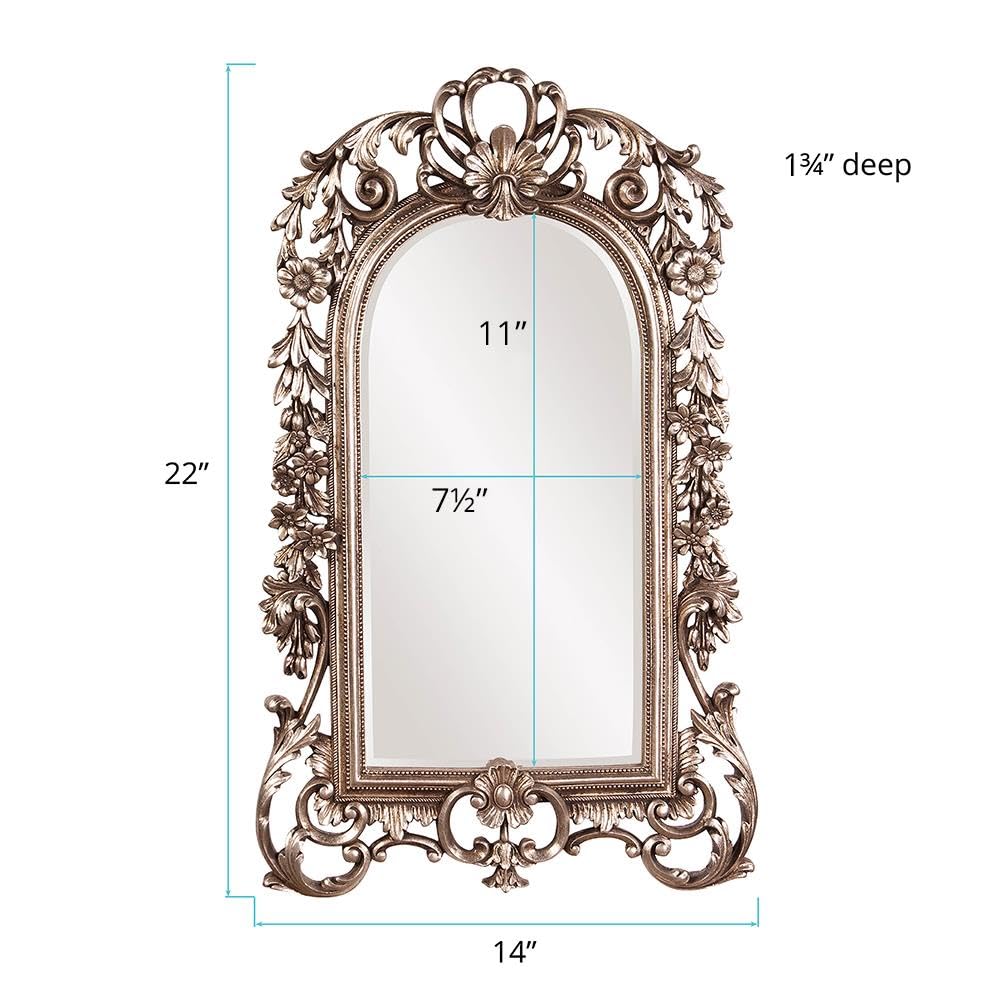 Howard Elliott Sherwood Hanging Antique Accent Wall Mounted Mirror, Ornate Arched Mirror with Bevelled Edges and Silver Resin Frame, Arch Shape Mirror for Home, Living Room, Entryway, 14 x 22 Inch