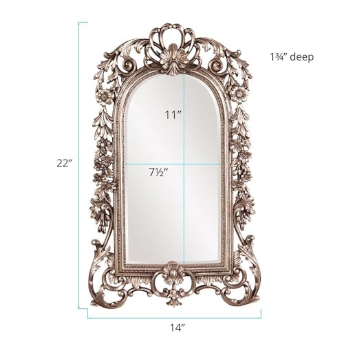 Howard Elliott Sherwood Hanging Antique Accent Wall Mounted Mirror, Ornate Arched Mirror with Bevelled Edges and Silver Resin Frame, Arch Shape Mirror for Home, Living Room, Entryway, 14 x 22 Inch