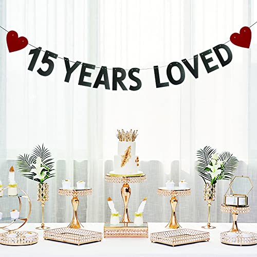 15 YEARS LOVED Banner,Pre-strung,15th Birthday / Wedding Anniversary Party Decorations Supplies,Black Glitter Paper Garlands Backdrops, Letters Black Betteryanzi