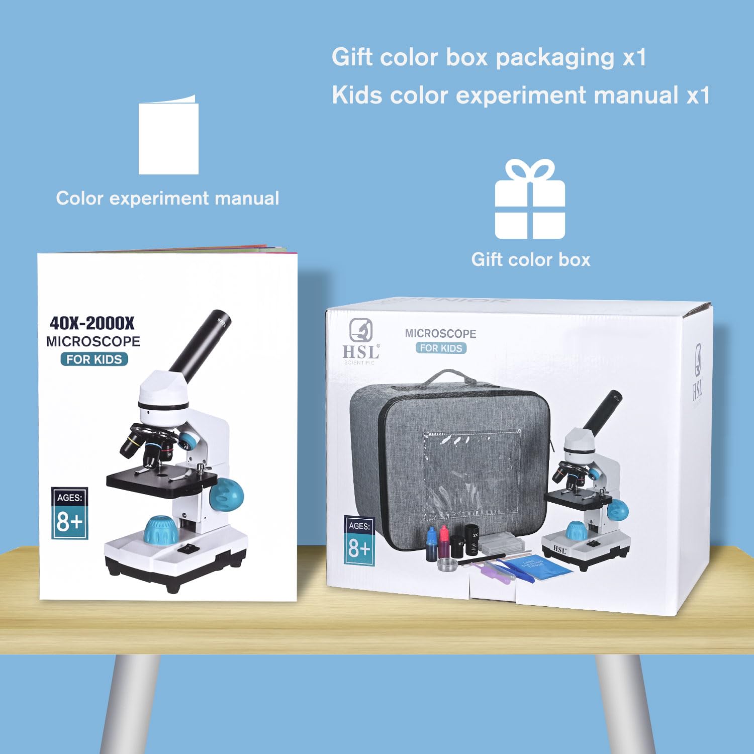 HSL 40X-2000X Microscope for Kids, Monocular Microscope Students Set +Handbag+Phone Holder+ Beginner Biological LAD Kit for Science Educational Boys Girls Toys LED