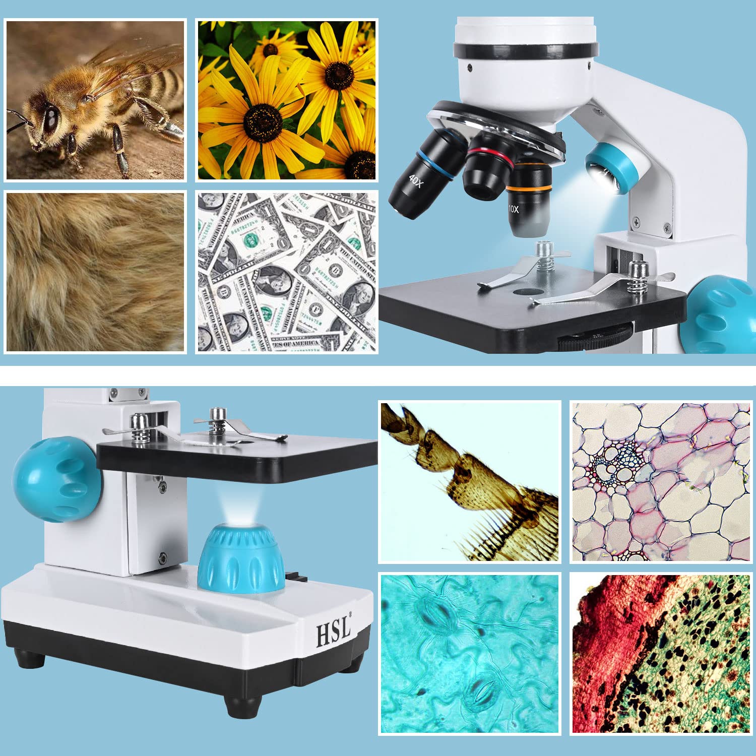 HSL 40X-2000X Microscope for Kids, Monocular Microscope Students Set +Handbag+Phone Holder+ Beginner Biological LAD Kit for Science Educational Boys Girls Toys LED