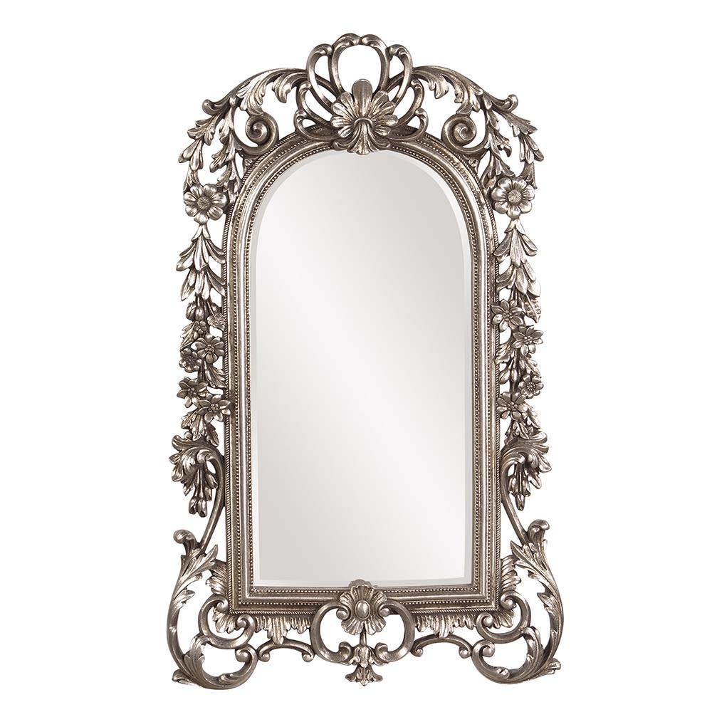 Howard Elliott Sherwood Hanging Antique Accent Wall Mounted Mirror, Ornate Arched Mirror with Bevelled Edges and Silver Resin Frame, Arch Shape Mirror for Home, Living Room, Entryway, 14 x 22 Inch