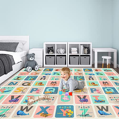 SANNI Baby Play Mat - Reversible, Foldable, Portable Extra Large Thick Foam Crawling Mat for Infants, Babies, Toddlers - Indoor & Outdoor Use, BPA-Free with Travel Bag (78"x71")