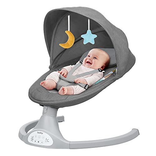 Bioby Baby Swing for Infants with 5 Natural Sway Speeds,Bluetooth Music Baby Bouncer with Remote Control&5-Point Harness, Lightweight Baby Rocker for 5-20 Lb,0-10 Months(Grey)