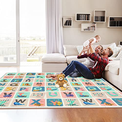 SANNI Baby Play Mat - Reversible, Foldable, Portable Extra Large Thick Foam Crawling Mat for Infants, Babies, Toddlers - Indoor & Outdoor Use, BPA-Free with Travel Bag (78"x71")