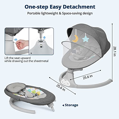 Bioby Baby Swing for Infants with 5 Natural Sway Speeds,Bluetooth Music Baby Bouncer with Remote Control&5-Point Harness, Lightweight Baby Rocker for 5-20 Lb,0-10 Months(Grey)