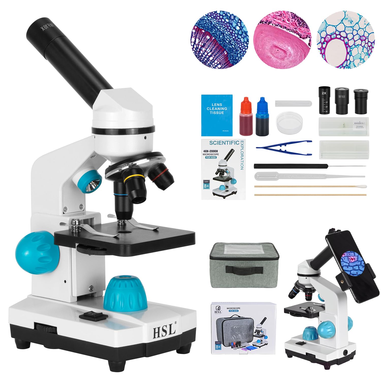 HSL 40X-2000X Microscope for Kids, Monocular Microscope Students Set +Handbag+Phone Holder+ Beginner Biological LAD Kit for Science Educational Boys Girls Toys LED