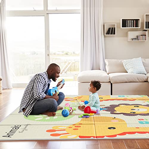 SANNI Baby Play Mat - Reversible, Foldable, Portable Extra Large Thick Foam Crawling Mat for Infants, Babies, Toddlers - Indoor & Outdoor Use, BPA-Free with Travel Bag (78"x71")