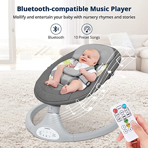 Bioby Baby Swing for Infants with 5 Natural Sway Speeds,Bluetooth Music Baby Bouncer with Remote Control&5-Point Harness, Lightweight Baby Rocker for 5-20 Lb,0-10 Months(Grey)