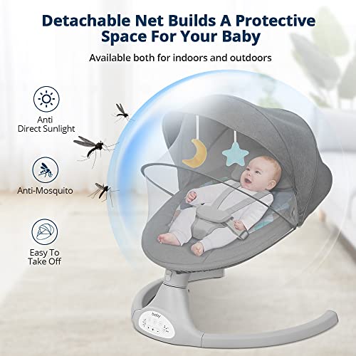 Bioby Baby Swing for Infants with 5 Natural Sway Speeds,Bluetooth Music Baby Bouncer with Remote Control&5-Point Harness, Lightweight Baby Rocker for 5-20 Lb,0-10 Months(Grey)