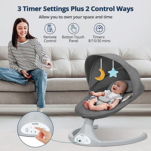 Bioby Baby Swing for Infants with 5 Natural Sway Speeds,Bluetooth Music Baby Bouncer with Remote Control&5-Point Harness, Lightweight Baby Rocker for 5-20 Lb,0-10 Months(Grey)