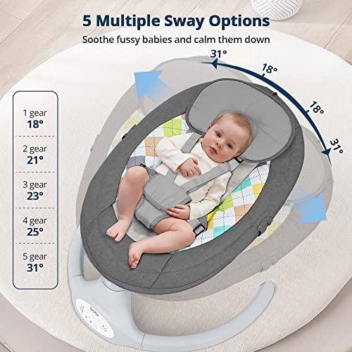 Bioby Baby Swing for Infants with 5 Natural Sway Speeds,Bluetooth Music Baby Bouncer with Remote Control&5-Point Harness, Lightweight Baby Rocker for 5-20 Lb,0-10 Months(Grey)