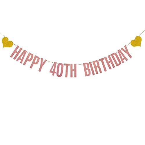 ABCpartyland Rose Gold Glitter Paper Happy 40th Birthday Banner,40th Birthday Party Decorations Supplies, Pre-Strung,Letters Rose Gold HAPPY 40TH BIRTHDAY