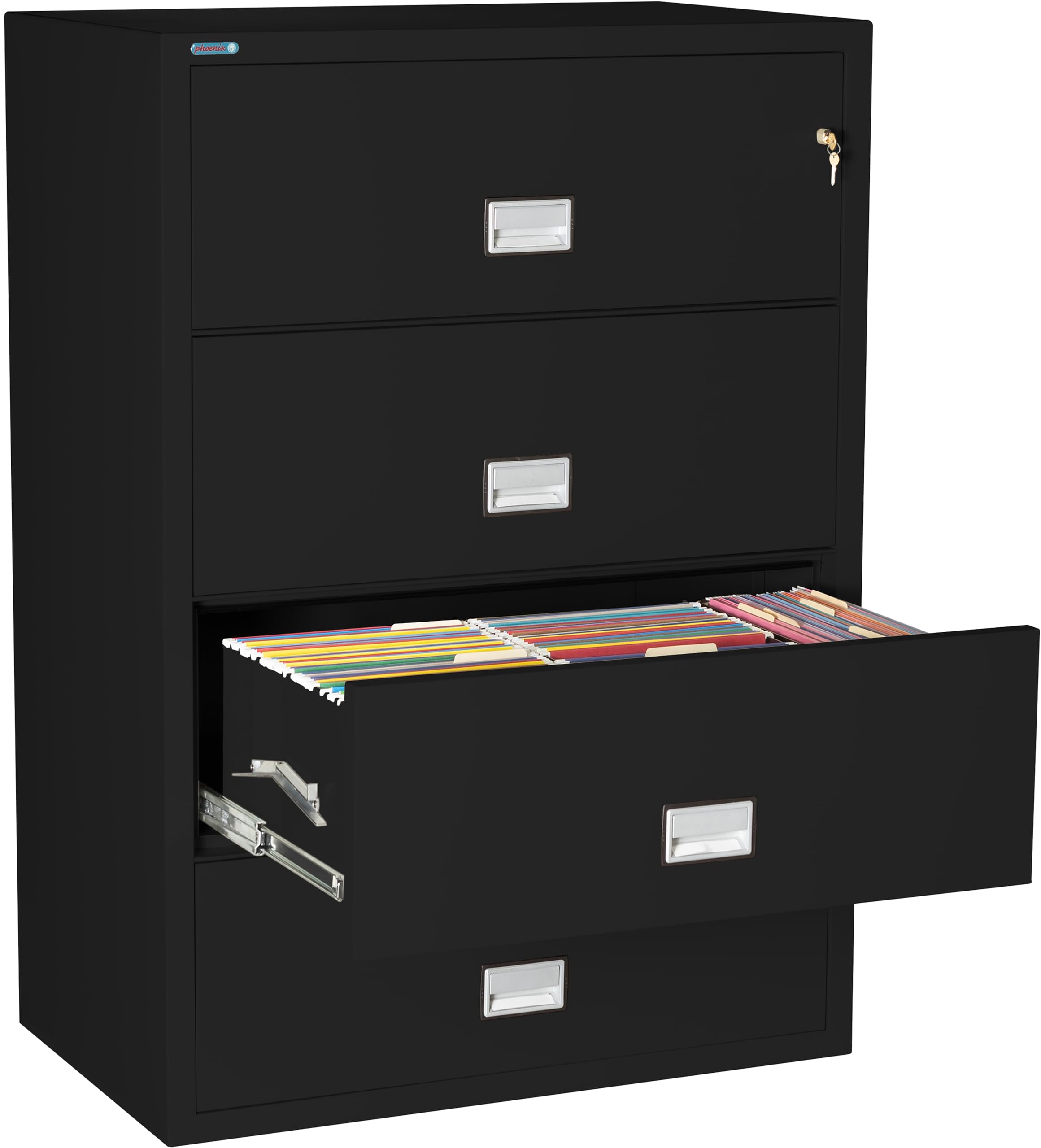 PHOENIX SAFE Lateral 38 inch 4-Drawer Fireproof File Cabinet with Key Lock, Water Seal, Black, LAT4W38B