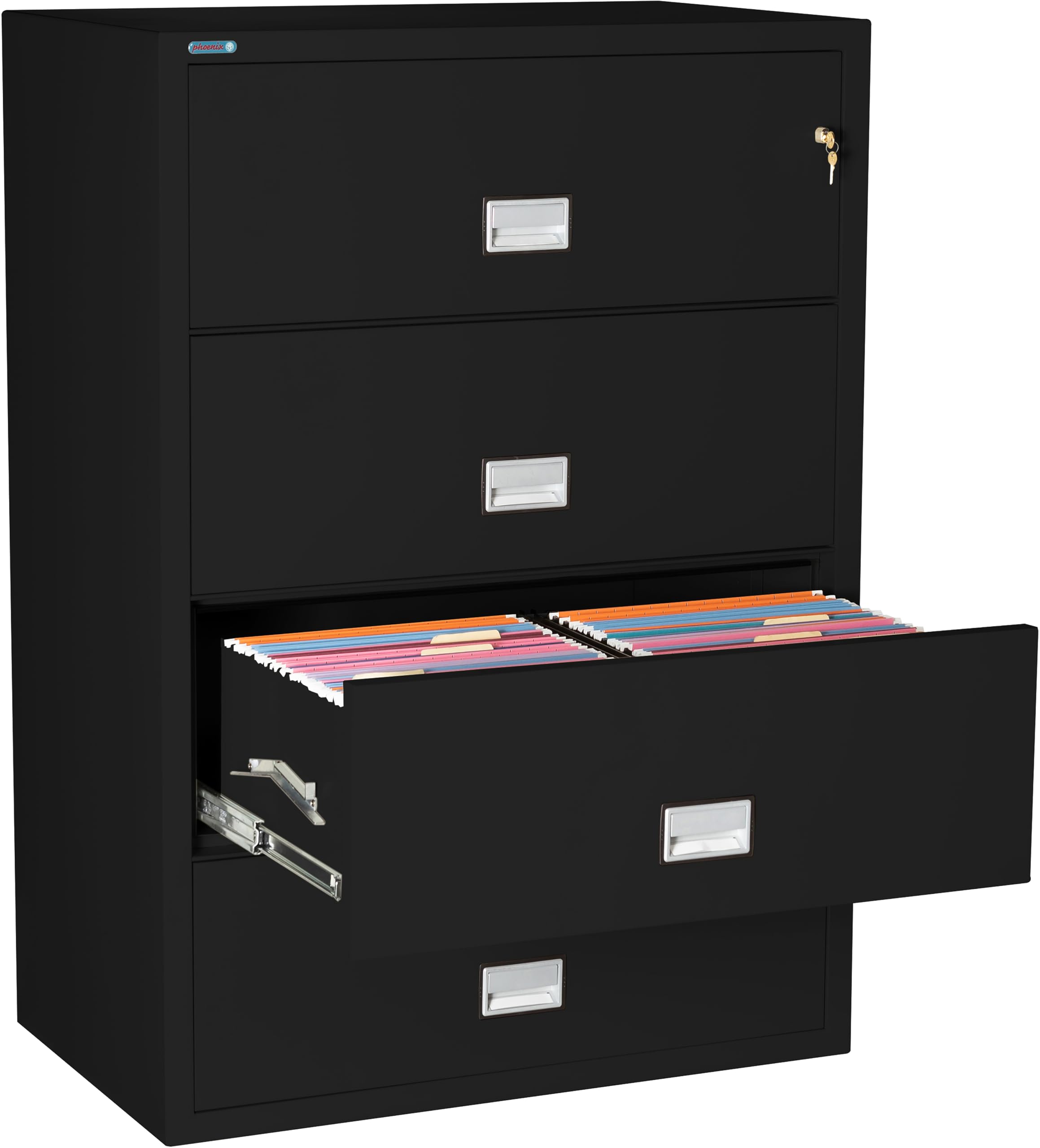 PHOENIX SAFE Lateral 38 inch 4-Drawer Fireproof File Cabinet with Key Lock, Water Seal, Black, LAT4W38B