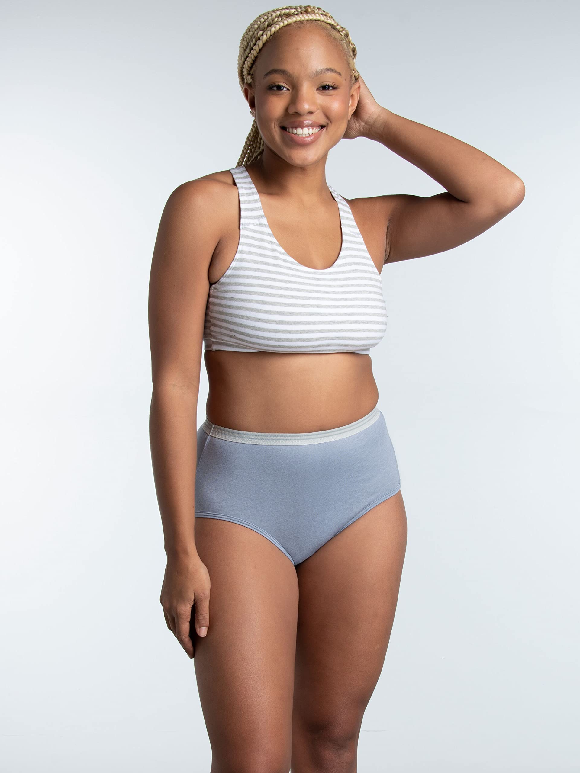 Fruit of the Loom Women's Eversoft Underwear, Tag Free & Breathable, Available in Plus Size, Brief-Cotton Blend-6 Pack-Grey/Purple, 9