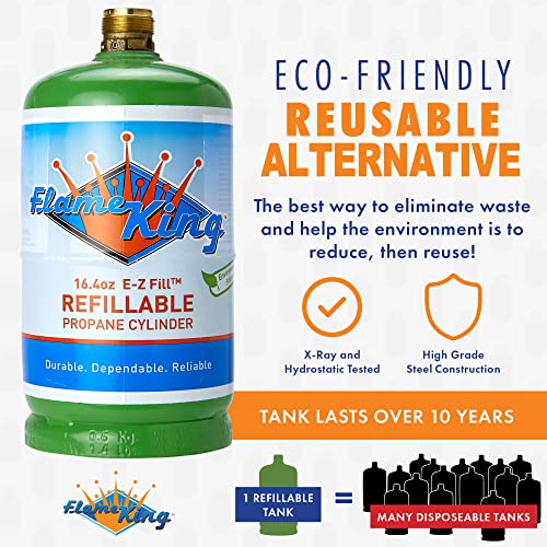 Flame King Refillable 1LB Empty Propane Cylinder Tank - Reusable - Safe and Legal Refill Option - DOT Compliant - 16.4 oz, Green