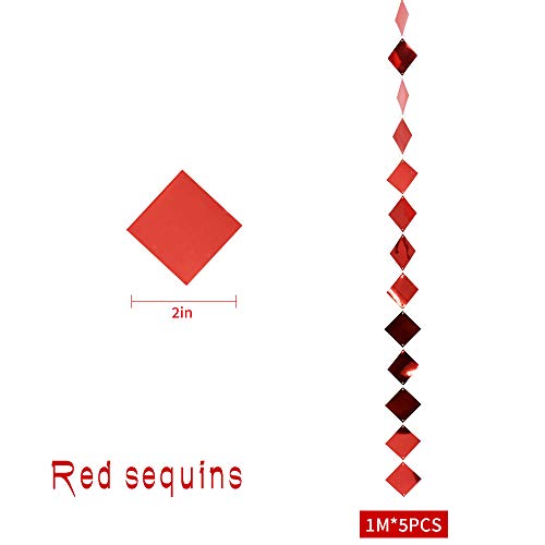 5 Pack Glitter Red Diamond Garland Mirror Hanging Banner Party Decorations for Baby Shower Birthday Wedding Supplies Home Décor (Red)