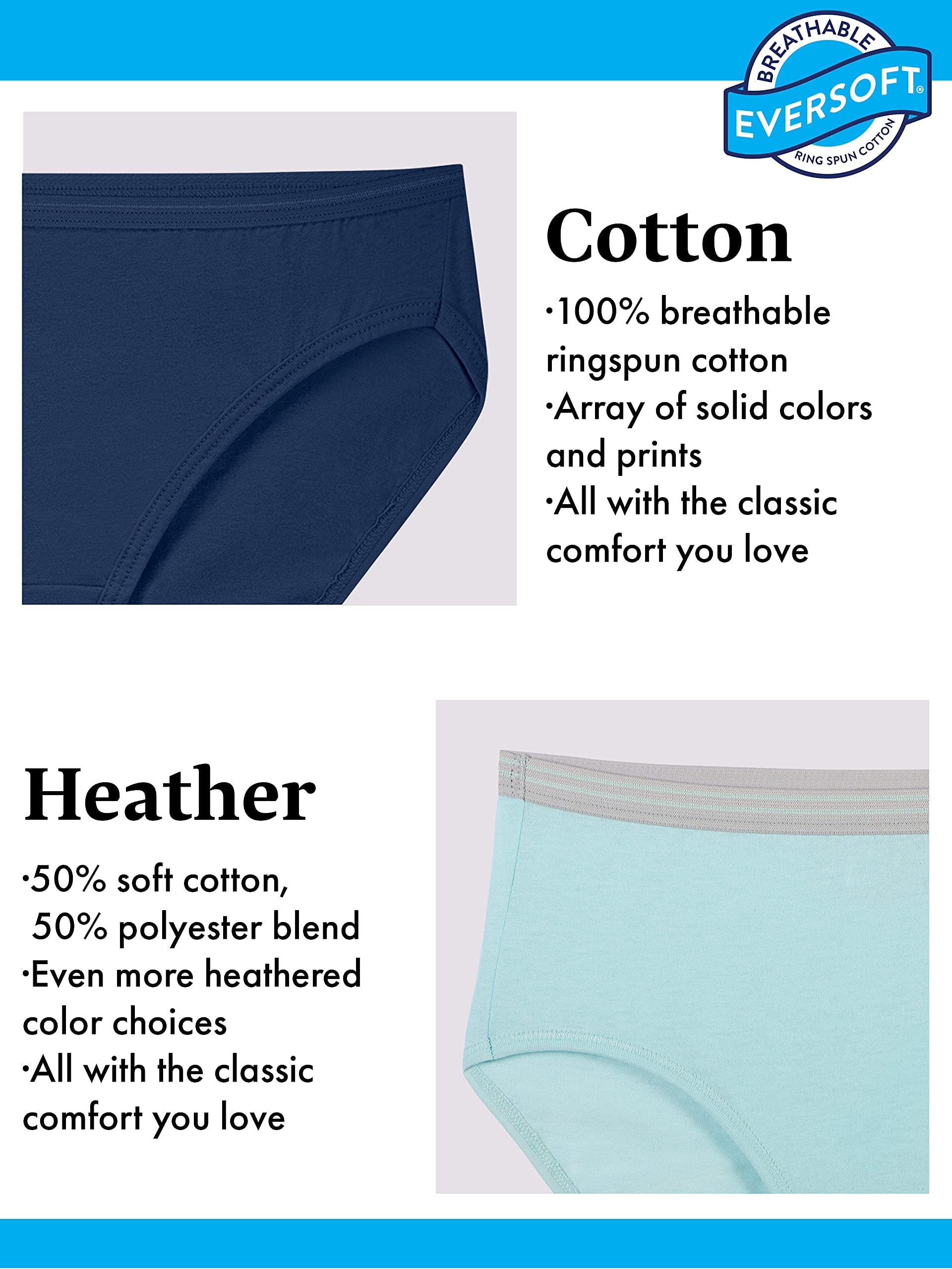 Fruit of the Loom Women's Eversoft Underwear, Tag Free & Breathable, Available in Plus Size, Brief-Cotton Blend-6 Pack-Grey/Purple, 9