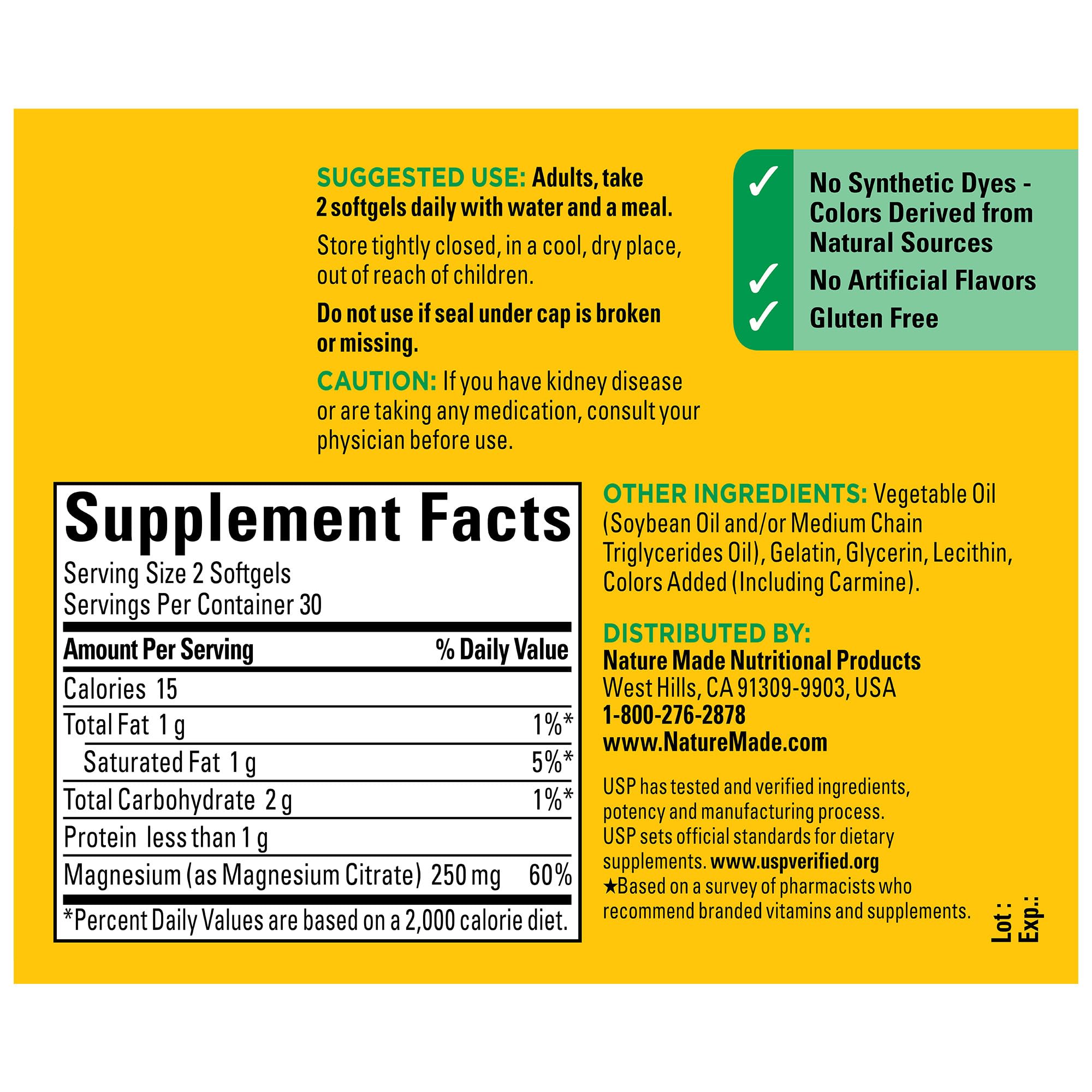 Nature Made Magnesium Citrate 250 mg per serving, Magnesium Supplement for Muscle, Nerve, Bone and Heart Support, 60 Softgels, 30 Day Supply