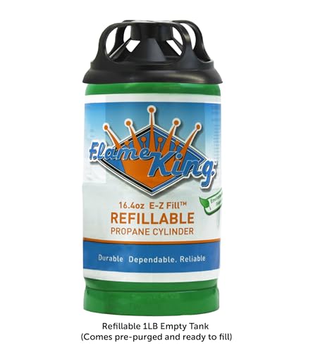 Flame King Refillable 1LB Empty Propane Cylinder Tank - Reusable - Safe and Legal Refill Option - DOT Compliant - 16.4 oz, Green