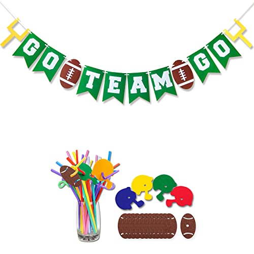 Football Themed Go Team Go Felt Banner Supplies - Birthday Party Sports Game Day Clubs Kids Boys Party Decorations, Indoor and Outdoor Hanging, Packs with 50 Colorful Drinking Straws and 24 Toppers
