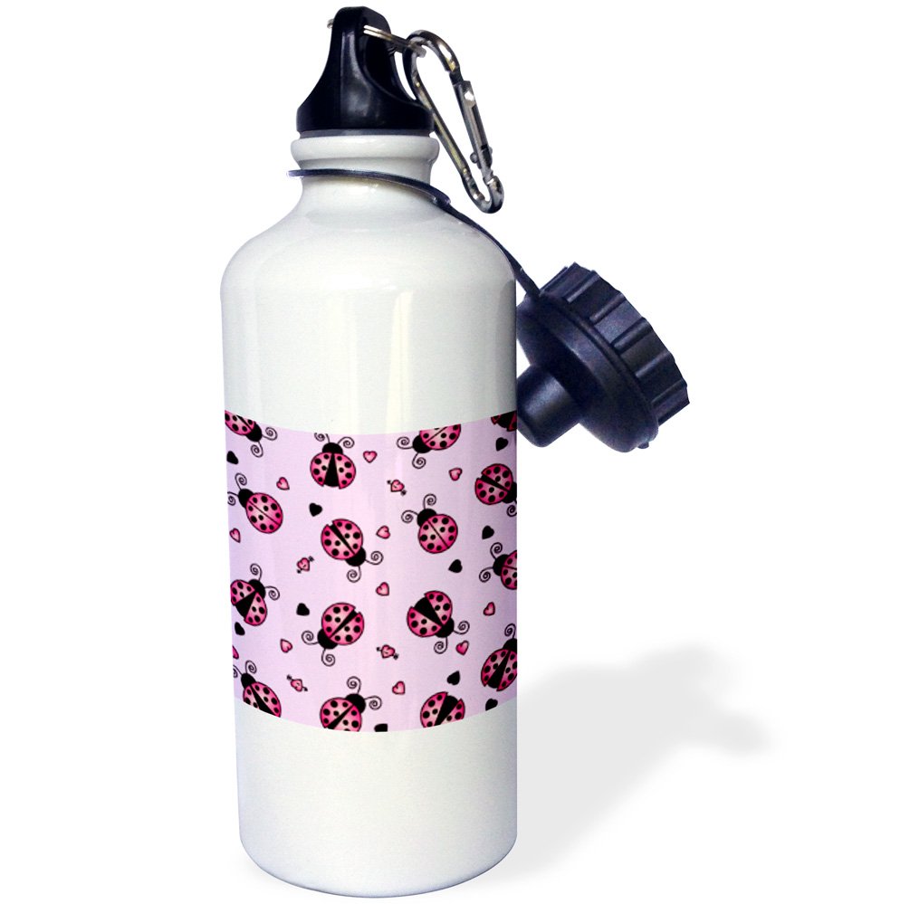 3dRose Love Bugs Pink Ladybug Print with Hearts - Sports Water Bottle, 21 oz, White