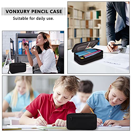 Pencil Case, VX VONXURY Large Pencil Pouch with 2 Zipper Compartments Stationery Organizer Cosmetic Makeup Bag for School,Office Black