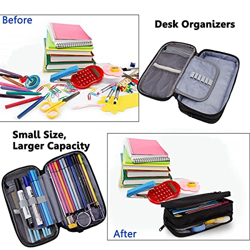 Pencil Case, VX VONXURY Large Pencil Pouch with 2 Zipper Compartments Stationery Organizer Cosmetic Makeup Bag for School,Office Black