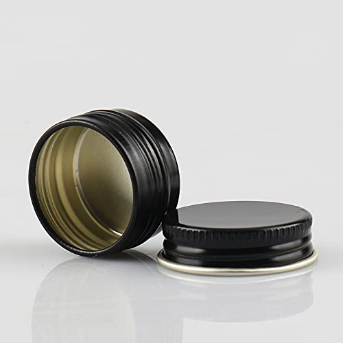 DLIBUY 100 Pcs 5ml 5g Empty Round Glossy Black Aluminum Tin Jars with Screw Lids Cosmetics Lip Balm Containers Pots for DIY Candle Salve Powder Crafts Storage Cans 3x Alu Spoon, 100x Ø 2cm Labels