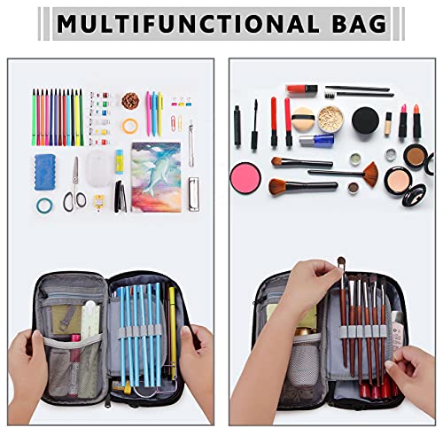 Pencil Case, VX VONXURY Large Pencil Pouch with 2 Zipper Compartments Stationery Organizer Cosmetic Makeup Bag for School,Office Black