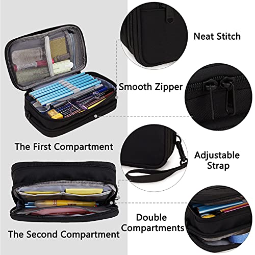 Pencil Case, VX VONXURY Large Pencil Pouch with 2 Zipper Compartments Stationery Organizer Cosmetic Makeup Bag for School,Office Black