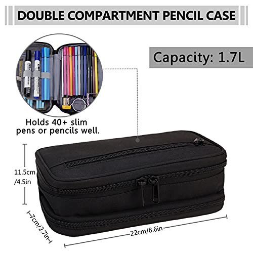 Pencil Case, VX VONXURY Large Pencil Pouch with 2 Zipper Compartments Stationery Organizer Cosmetic Makeup Bag for School,Office Black