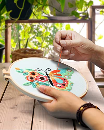 Butterfly Flower Embroidery Stitch Practice kit, 3 Sets Beginners Embroidery Kit for Beginners Include Embroidery Cloth Hoops Threads for Craft Lover Hand Stitch with Embroidery Skill Techniques