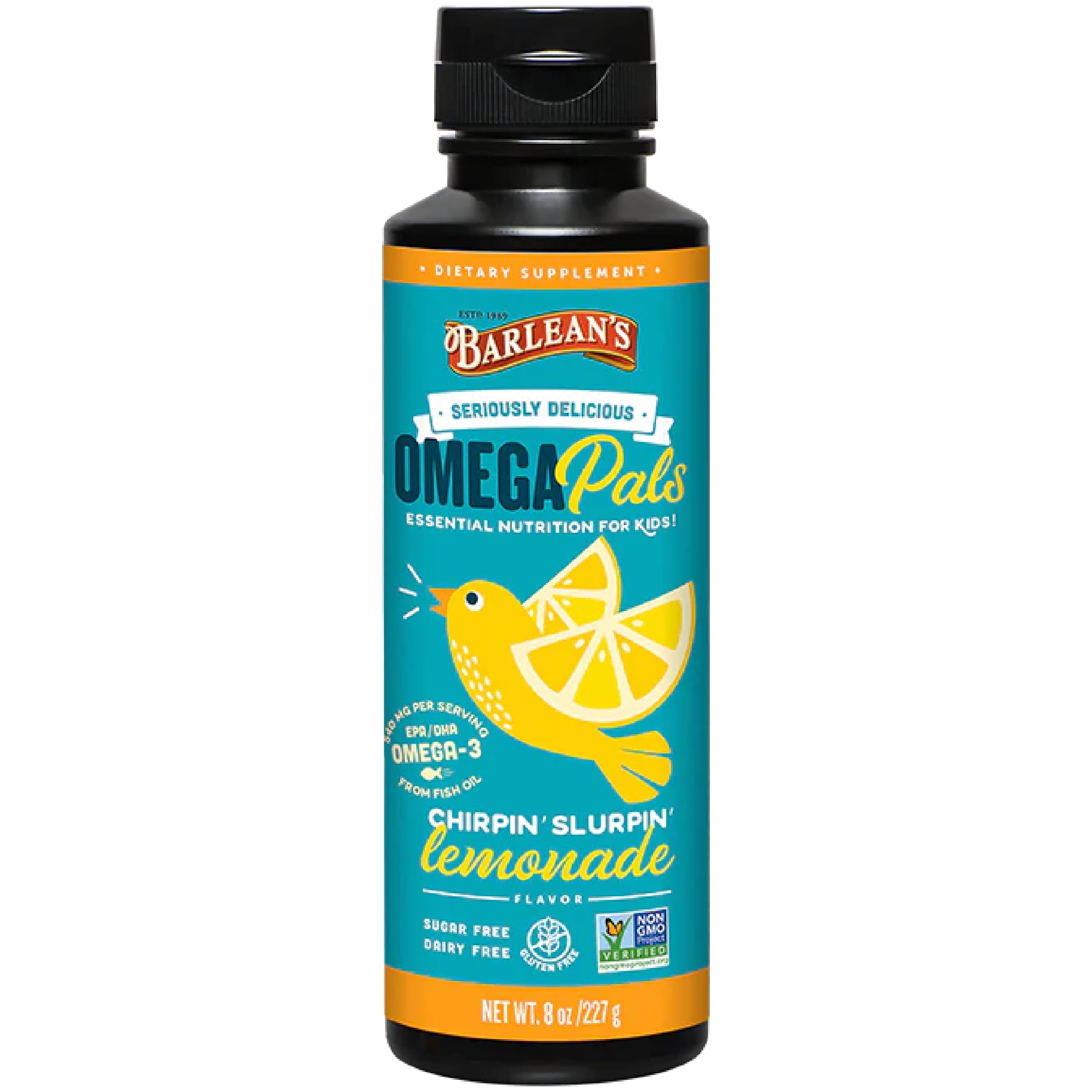 Barlean's Omega Pals Chirpin' Slurpin' Omega 3 for Kids, Yummy Lemonade Flavored Children's Liquid Fish Oil Supplement with 540 mg of EPA and DHA for Brain and Eye Health, 8 oz